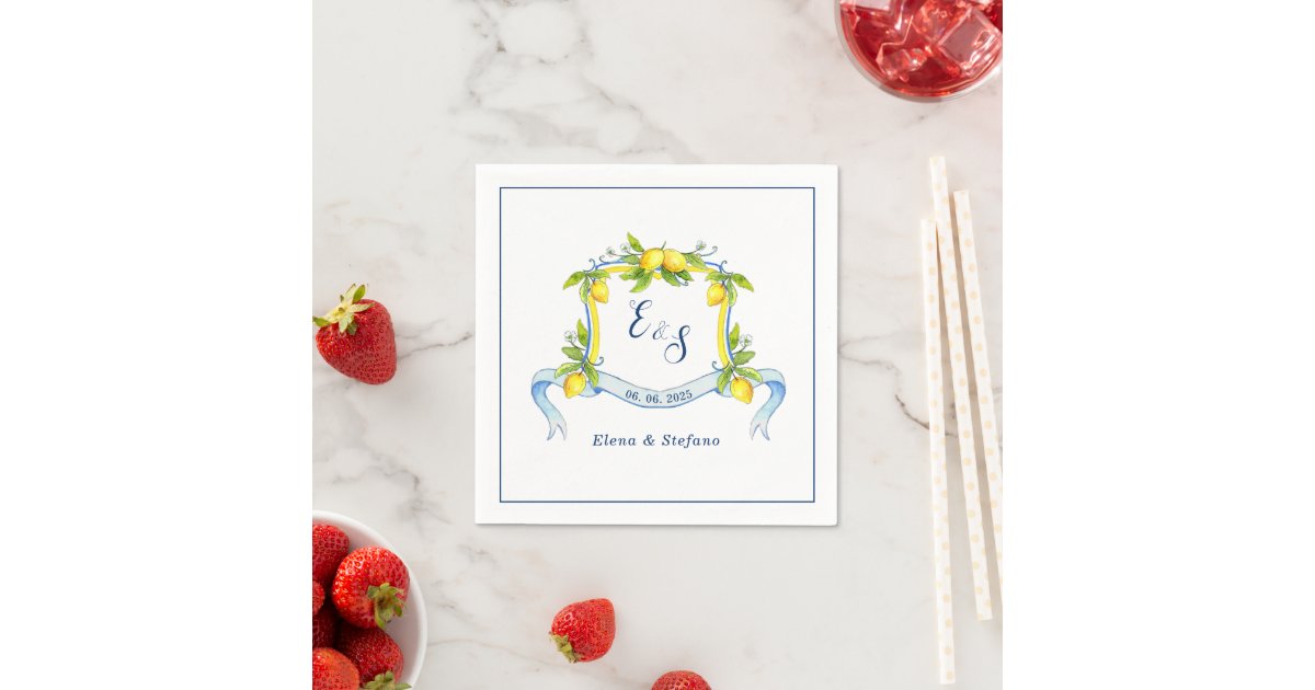 Elegant Lemon monogram Crest wedding Napkins | Zazzle