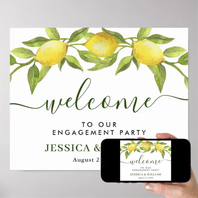 Elegant Lemons Greenery ENGAGEMENT PARTY Welcome Poster | Zazzle