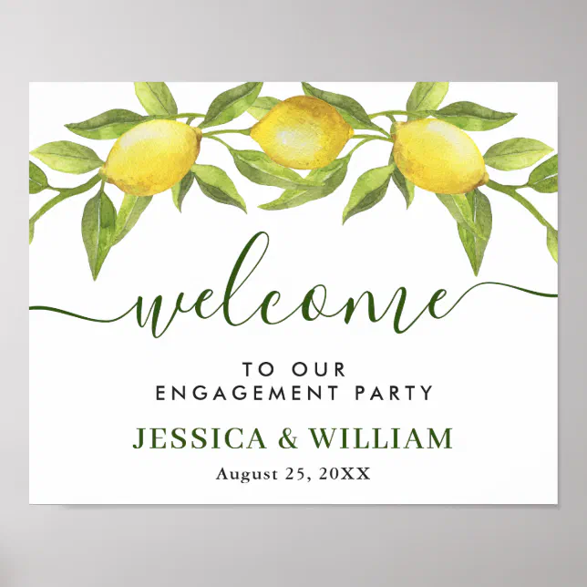 Elegant Lemons Greenery ENGAGEMENT PARTY Welcome Poster | Zazzle