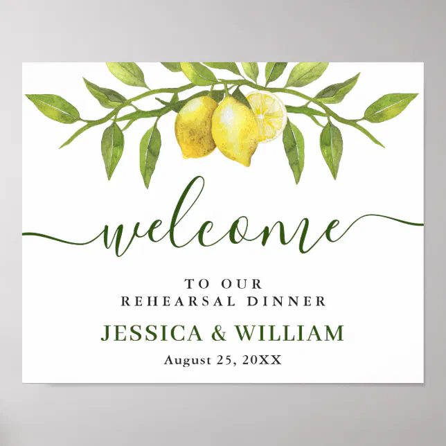 Elegant Lemons Greenery REHEARSAL DINNER Welcome Poster | Zazzle