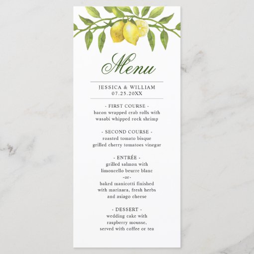 Elegant Lemons Greenery Wedding Dinner Menu | Zazzle
