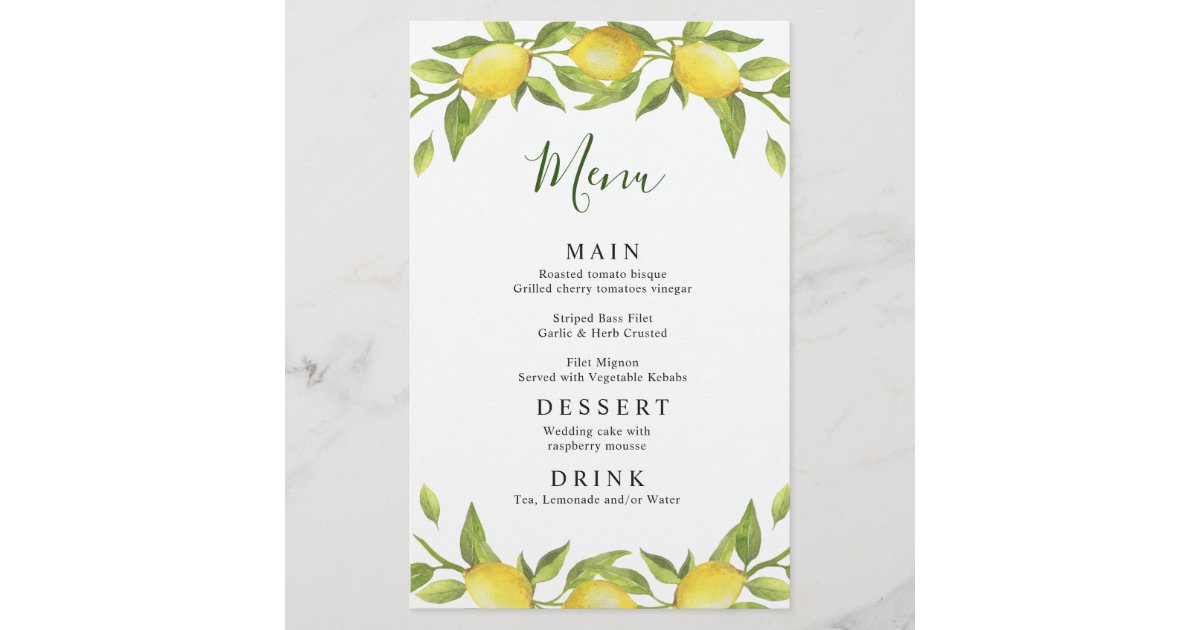 Elegant Lemons Greenery Wedding Dinner Menu | Zazzle