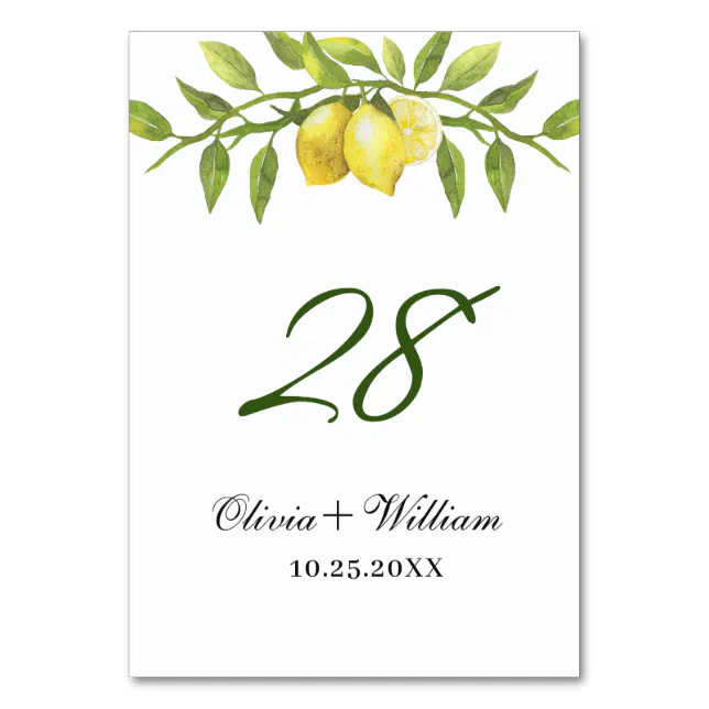 Elegant Lemons Greenery Wedding Table Number | Zazzle