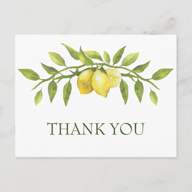 Elegant Lemons Watercolor Floral Wedding Thank You Postcard | Zazzle