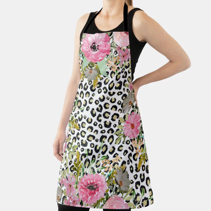 Elegant leopard print and floral design apron | Zazzle