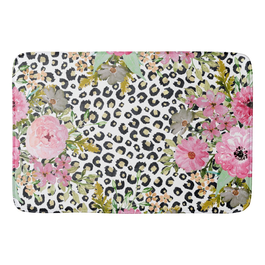 Elegant leopard print and floral design bath mat | Zazzle