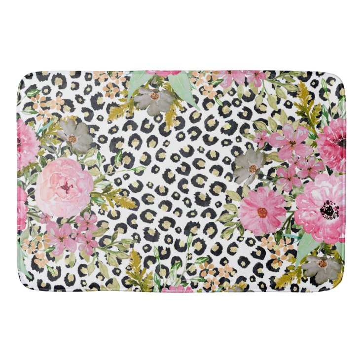 Elegant leopard print and floral design bath mat | Zazzle