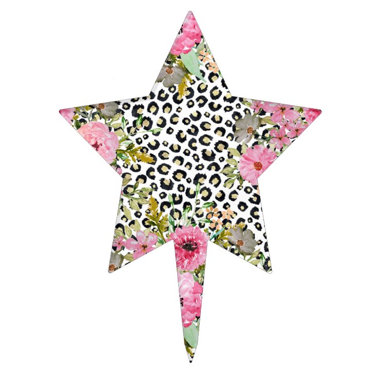 Elegant leopard print and floral design cake topper | Zazzle