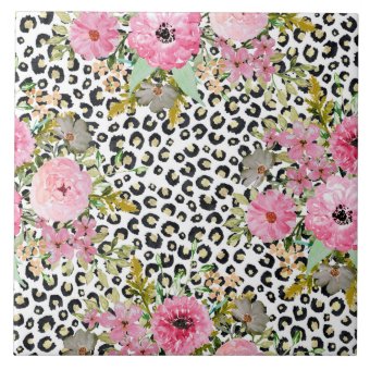 Elegant Leopard Print and Floral Design Ceramic Tile | Zazzle