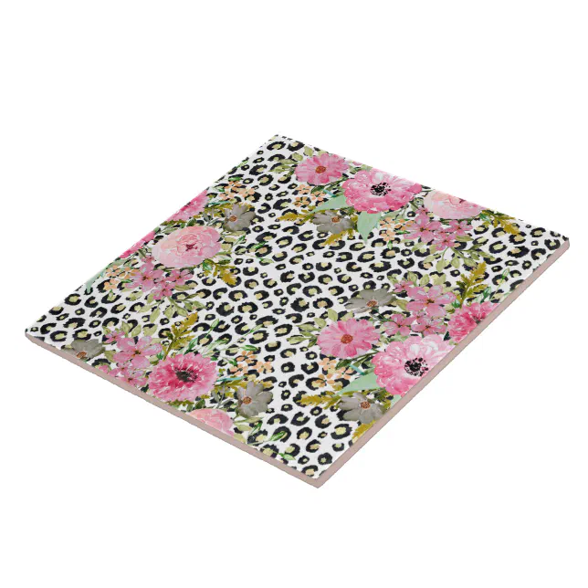 Elegant Leopard Print and Floral Design Ceramic Tile | Zazzle