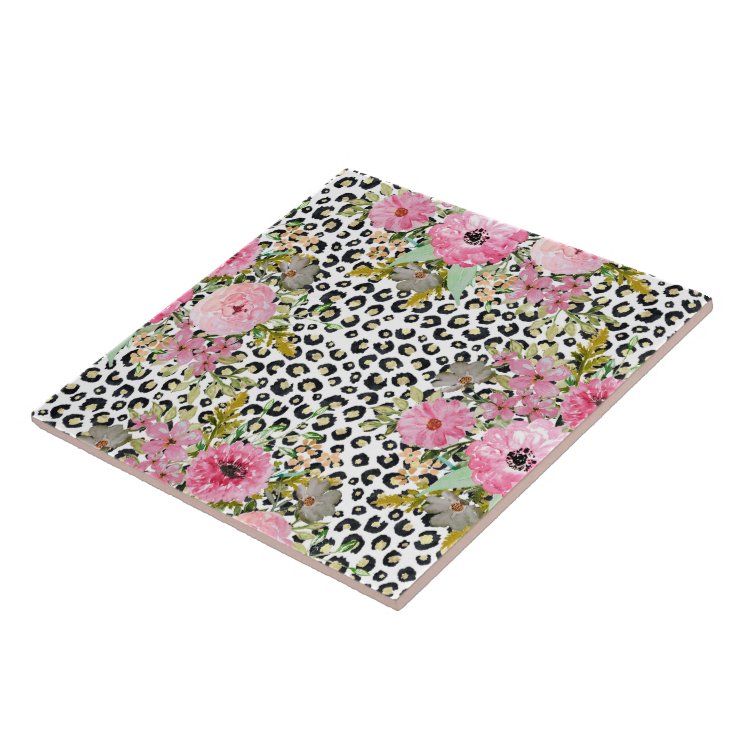 Elegant leopard print and floral design ceramic tile | Zazzle