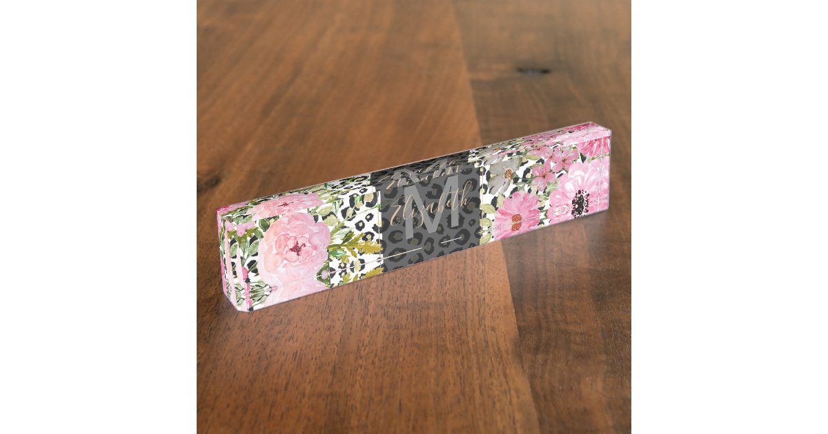 Elegant Leopard Print and Floral Design Desk Name Plate | Zazzle