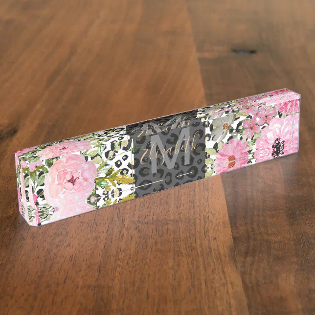 Elegant Leopard Print and Floral Design Desk Name Plate | Zazzle