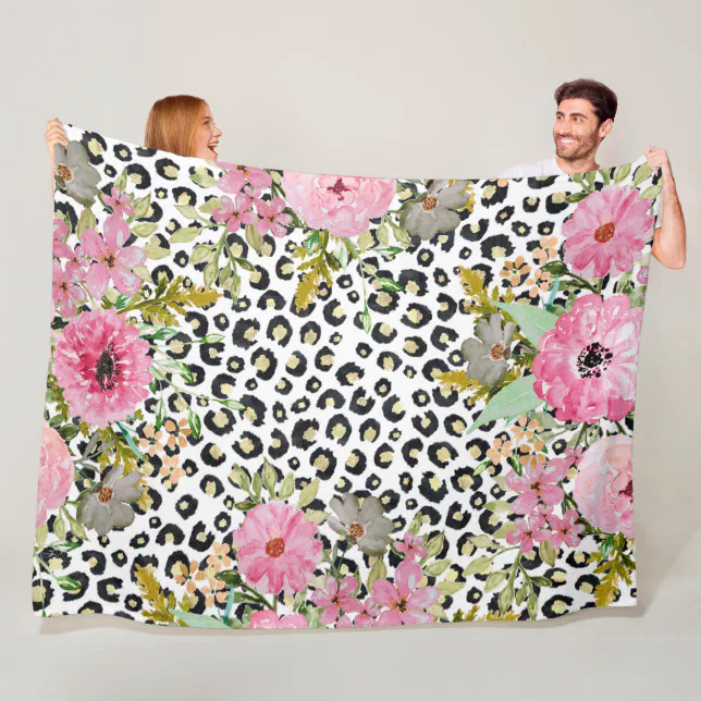 Elegant Leopard Print and Floral Design Fleece Blanket | Zazzle