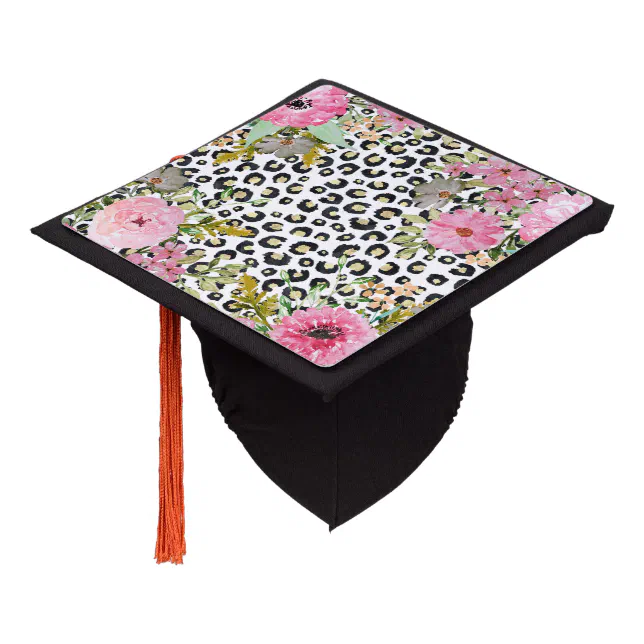 Elegant Leopard Print and Floral Design Graduation Cap Topper | Zazzle