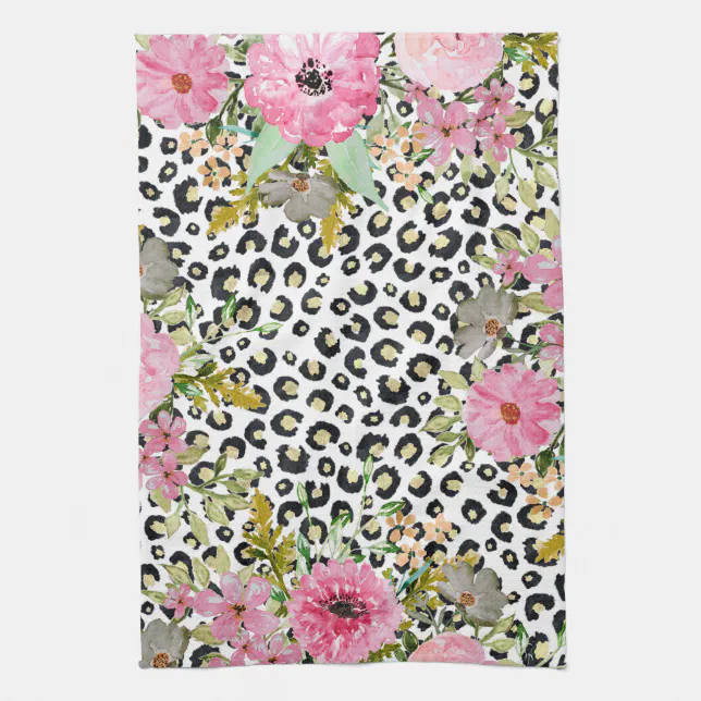 Elegant Leopard Print and Floral Design Kitchen Towel | Zazzle
