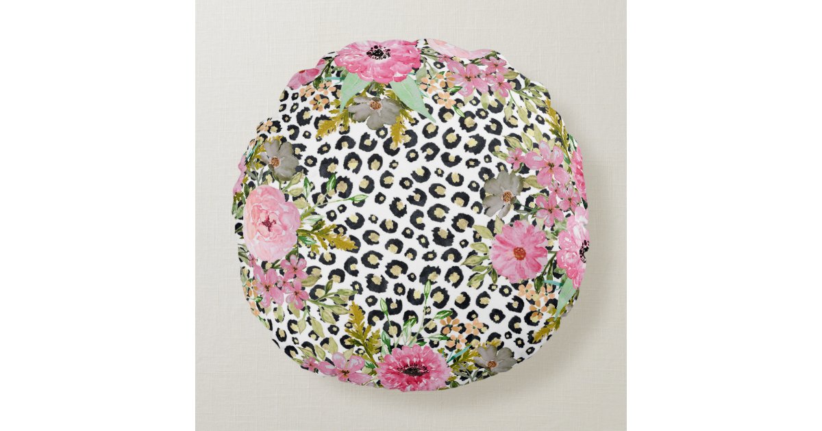 Elegant Leopard Print and Floral Design Round Pillow | Zazzle