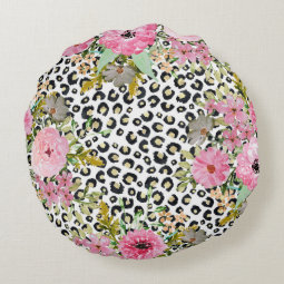 Elegant Leopard Print and Floral Design Round Pillow | Zazzle