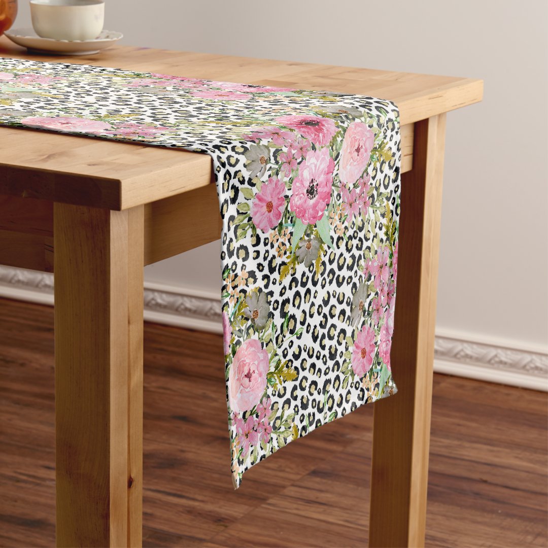Elegant leopard print and floral design short table runner | Zazzle