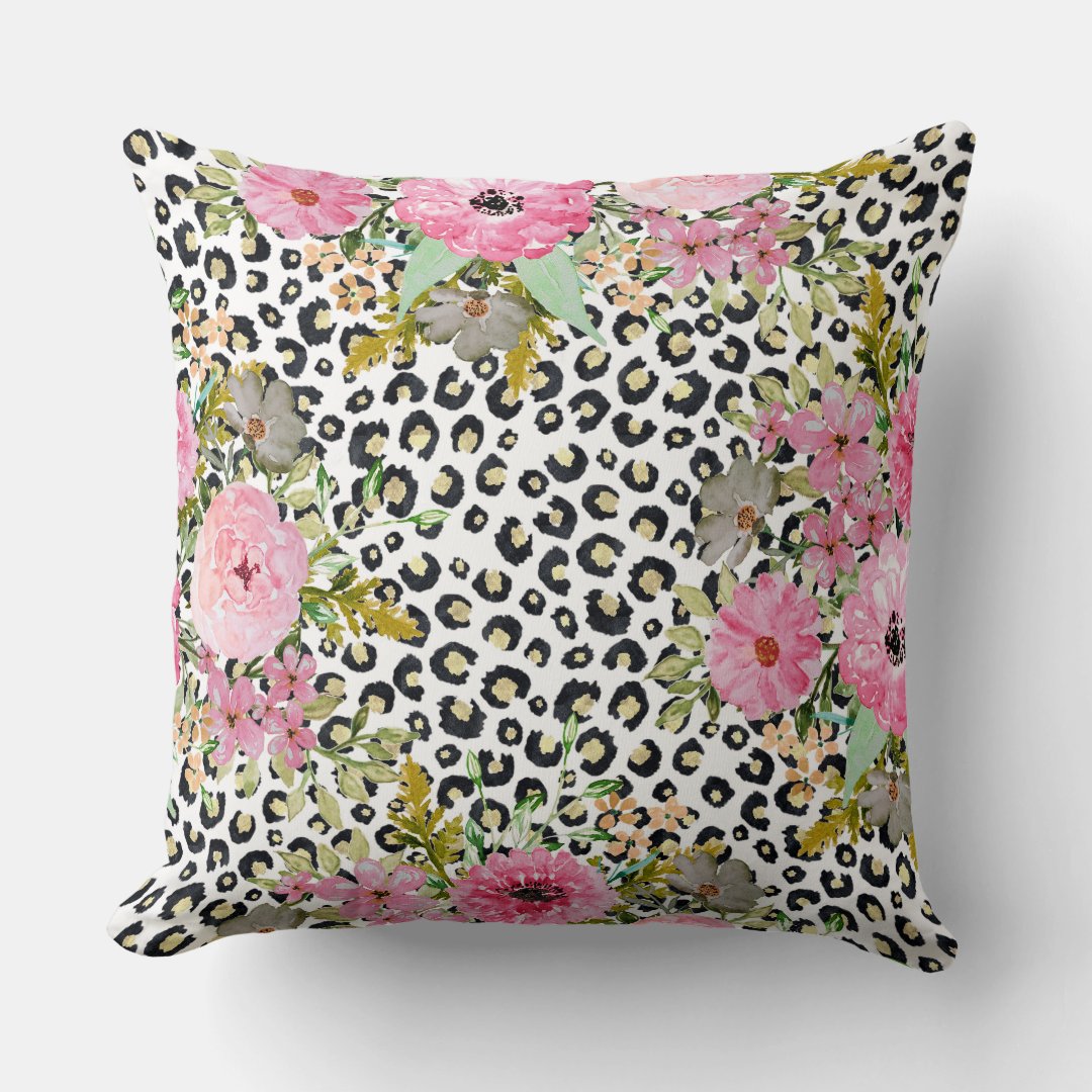 Elegant leopard print and floral design throw pillow | Zazzle