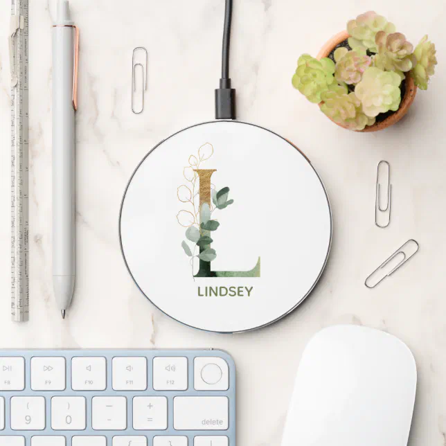 Elegant Letter L Green Foliage Wireless Charger | Zazzle