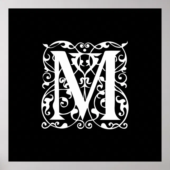 Elegant Letter M White on Black Monogram Poster | Zazzle
