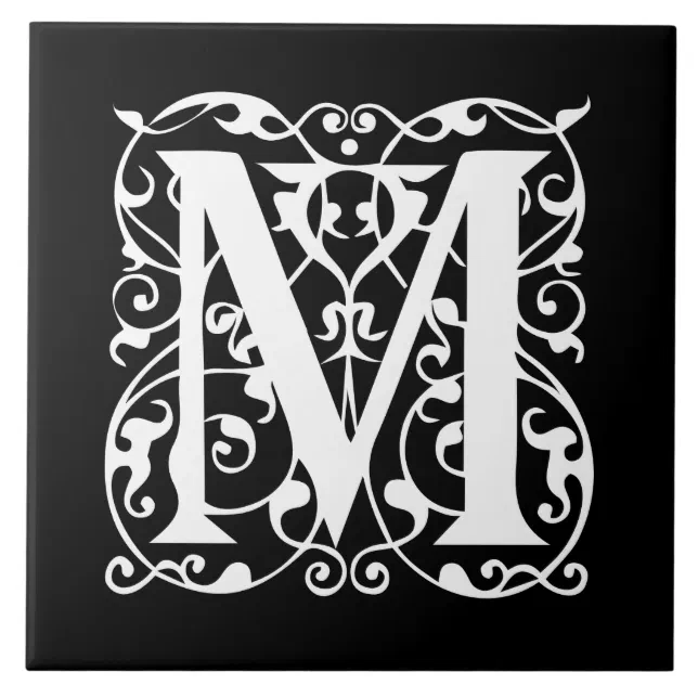 Elegant Letter M White on Black Monogram Tile | Zazzle