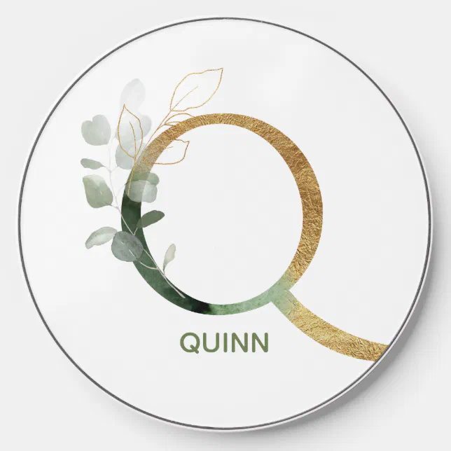 Elegant Letter Q Green & Gold Leaves Wireless Charger | Zazzle