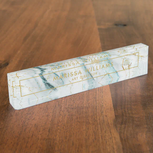 Elegant Light Blue and Gold Marble Texture Desk Name Plate | Zazzle