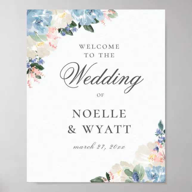 Elegant Light Blue Botanical Wedding Welcome Poster | Zazzle