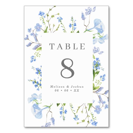 Elegant Light Blue Floral Frame Wedding Table Number | Zazzle
