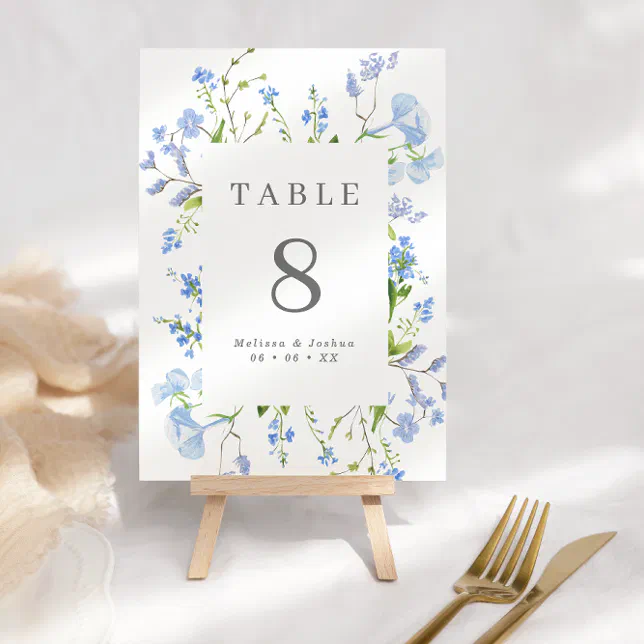 Elegant Light Blue Floral Frame Wedding Table Number | Zazzle