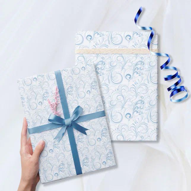Elegant Light Blue Floral Swirl Pattern Wrapping Paper | Zazzle