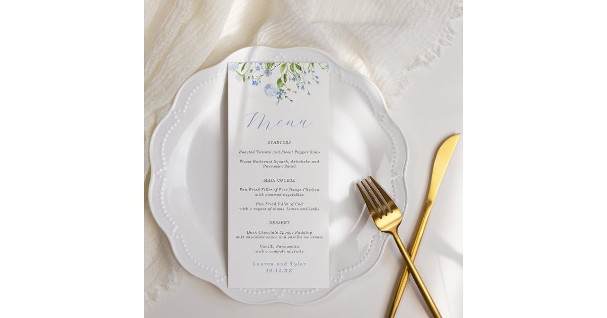 Elegant Light Blue Floral Wedding Menu | Zazzle