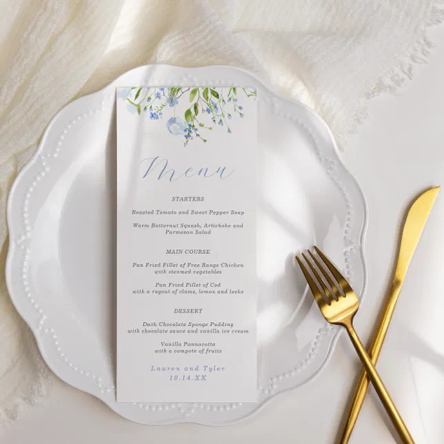 Elegant Light Blue Floral Wedding Menu | Zazzle