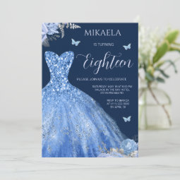 Elegant Light Blue Gown Floral 18th Birthday Invitation | Zazzle