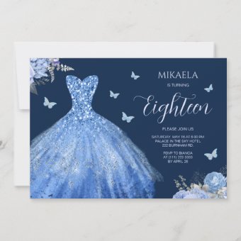 Elegant Light Blue Gown Floral 18th Birthday Invitation | Zazzle