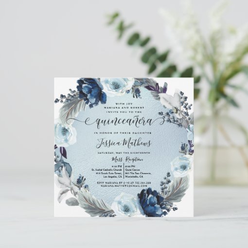 Elegant Light Blue Quinceañera, Floral Invitation | Zazzle