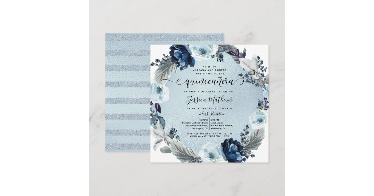 Elegant Light Blue Quinceañera, Floral Invitation | Zazzle