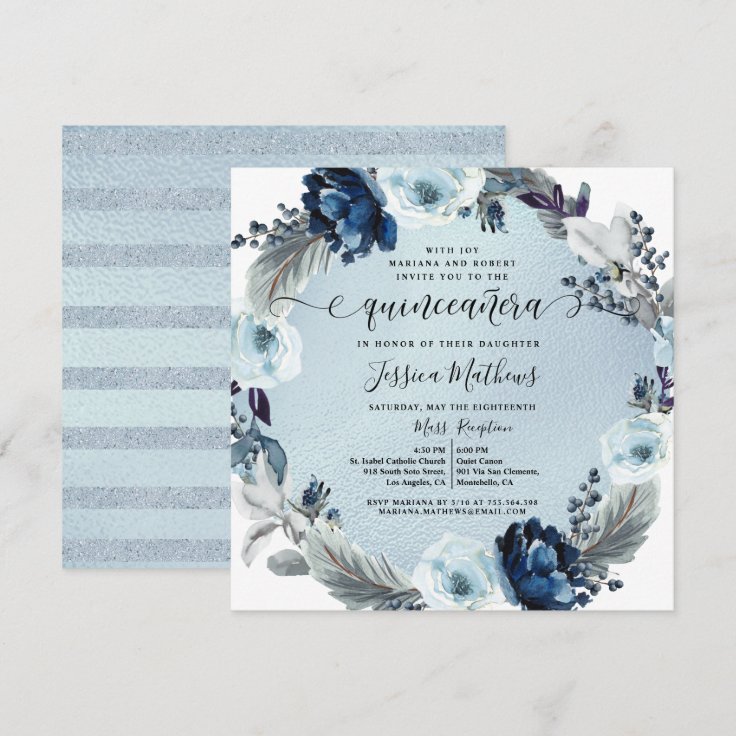 Elegant Light Blue Quinceañera, Floral Invitation | Zazzle