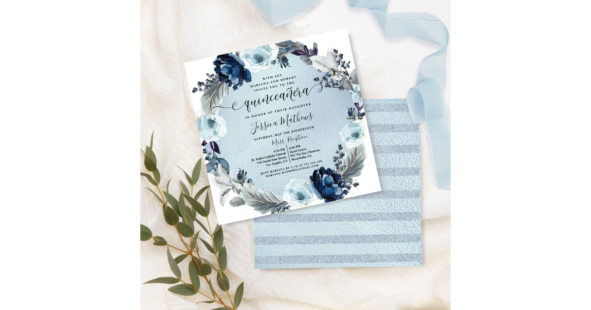 Elegant Light Blue Quinceañera, Floral Invitation | Zazzle