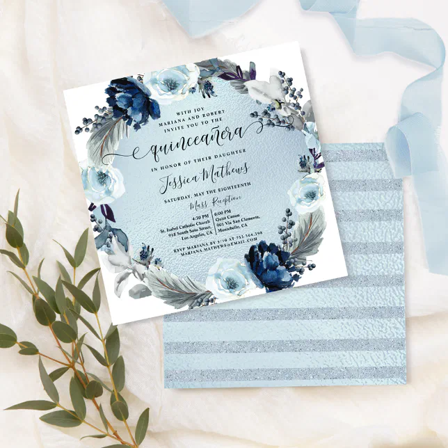 Elegant Light Blue Quinceañera, Floral Invitation | Zazzle