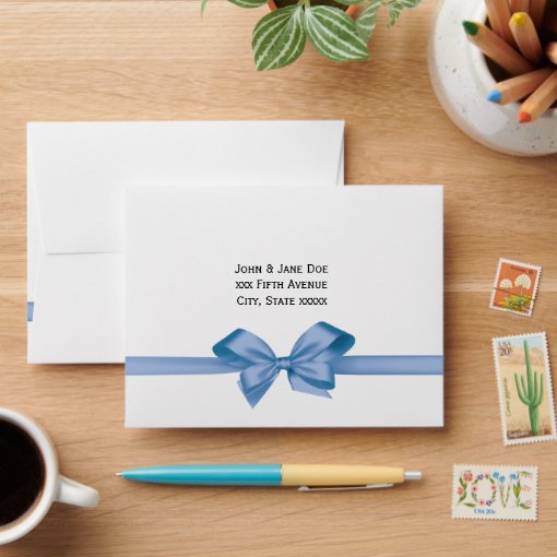 Elegant Light Blue Satin Bow on White Envelope | Zazzle