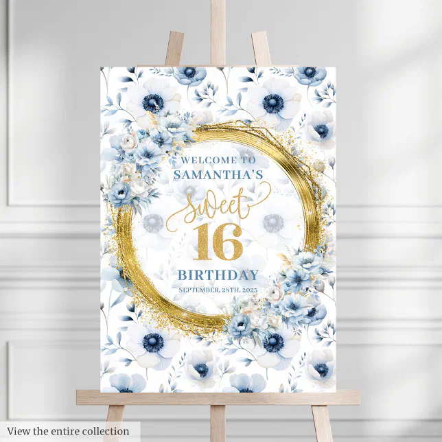 Elegant Light Blue Sweet 16 Sign with Gold Sparkle | Zazzle
