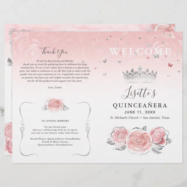 Elegant Light Pink and Silver Quinceanera Program | Zazzle