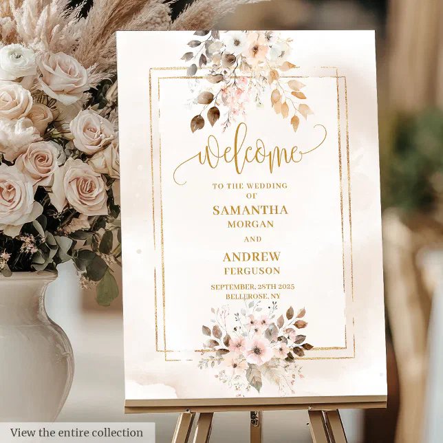 Elegant Light Pink Gold Boho Floral Wedding Poster | Zazzle