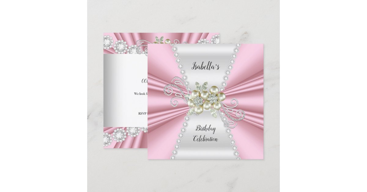 Elegant Light Pink Pearl White Diamond Birthday Invitation | Zazzle