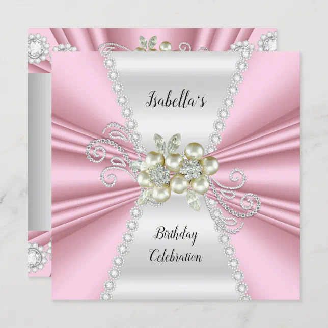 Elegant Light Pink Pearl White Diamond Birthday Invitation | Zazzle