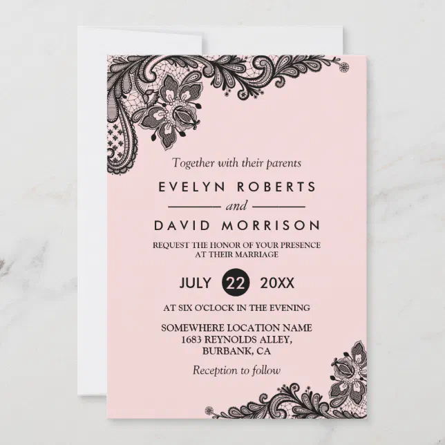 Elegant Light Pink with Black Lace Formal Wedding Invitation | Zazzle