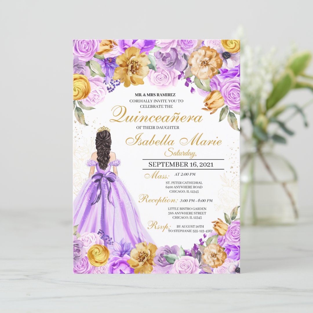 Elegant Lilac & Gold Floral Quinceanera Birthday Invitation | Zazzle